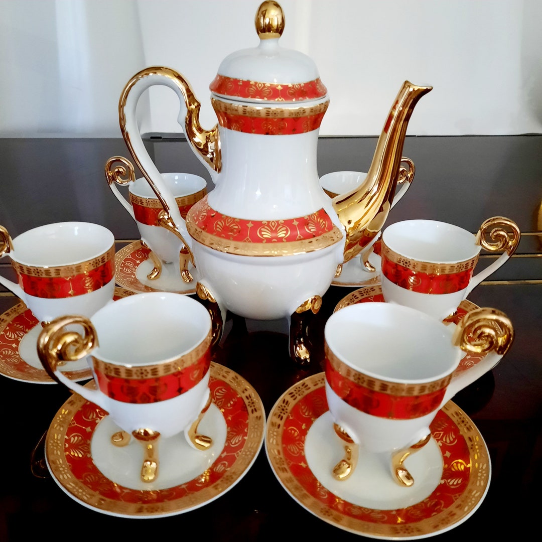 Vintage Porcelain Coffee Service: Red and Gold, 15-piece Set - Etsy