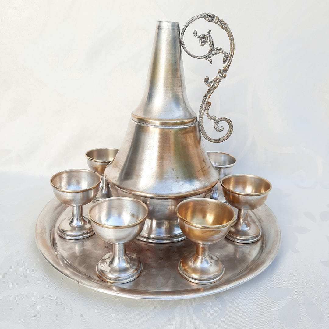 Vintage Silver Plated Brass Wine Set: Decanter, Tray & 6 Glasses - Etsy