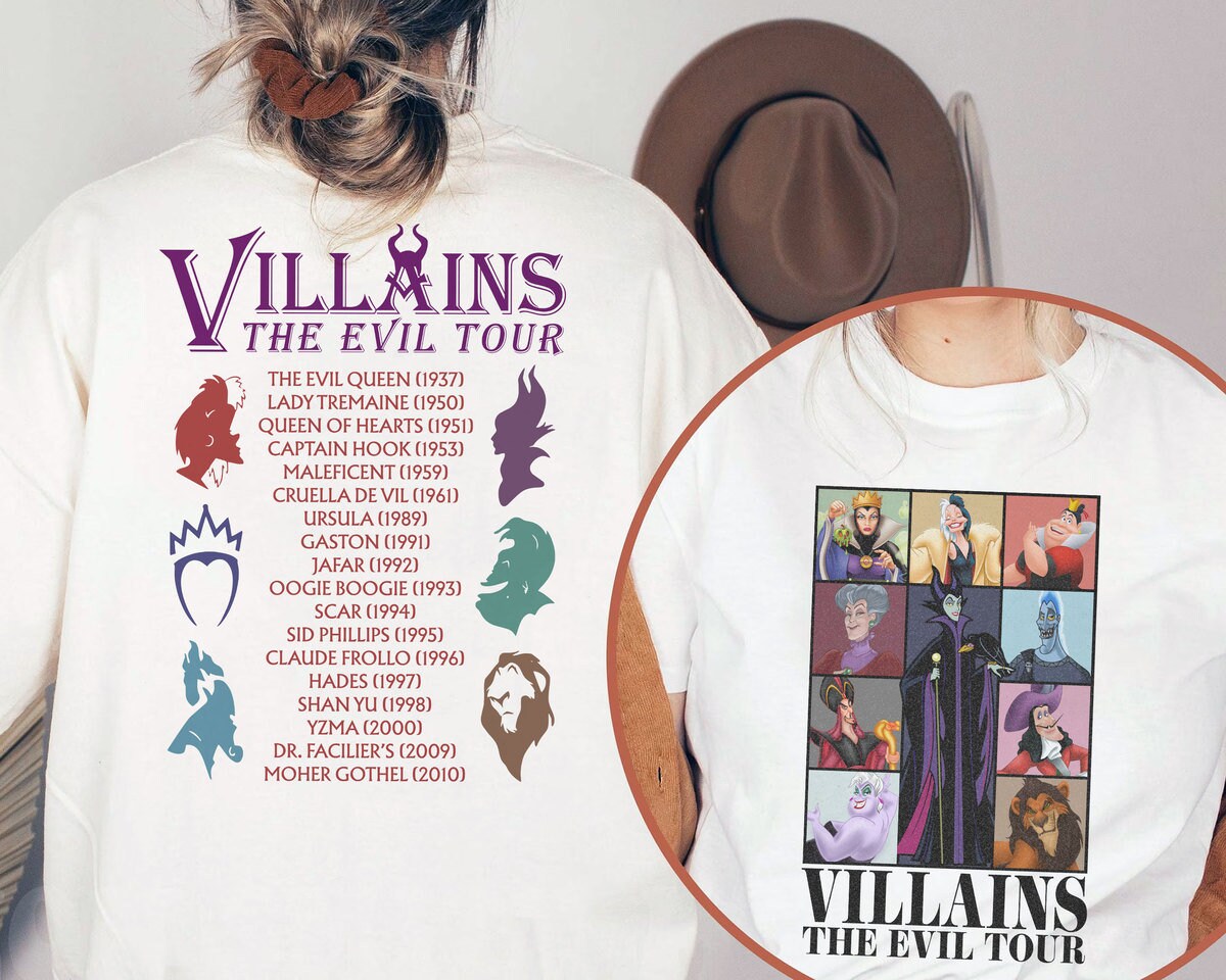 Two-sided Vintage Disney Villains Evil Tour Shirt, Retro Disney Villains Characters Concert ...