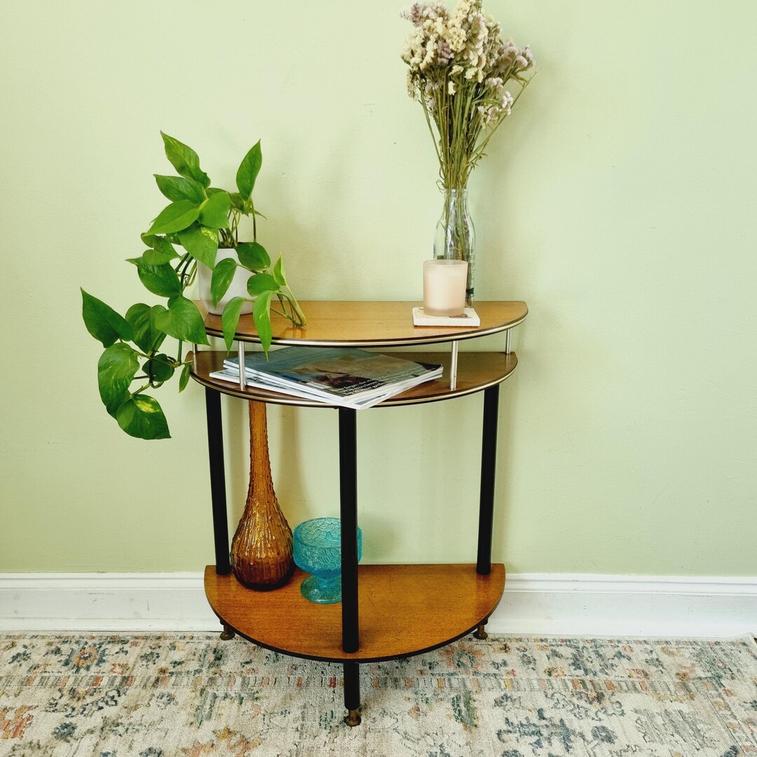 Vintage Half Moon Teak Table 3 Tier Console Hall Plant Stand 60s 70s ...
