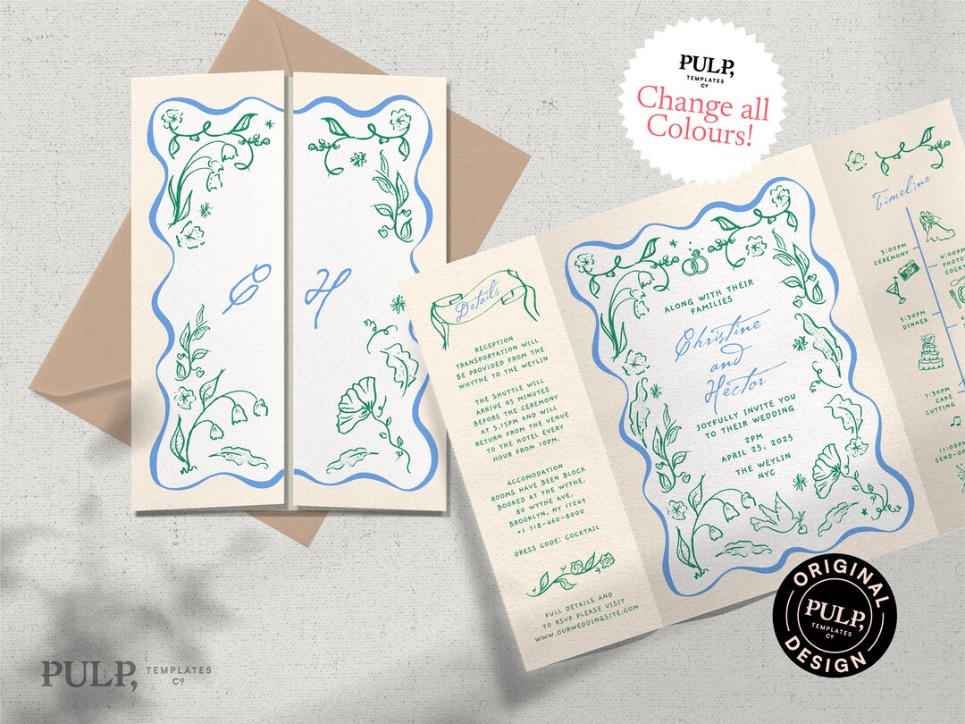 WEDDING INVITATION TEMPLATE | Gate Fold | Hand Drawn Romantic Floral ...