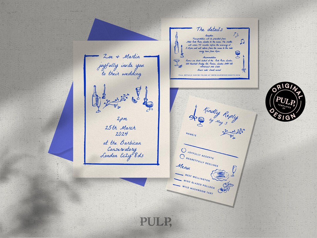 WEDDING INVITE SET Template | Hand Drawn Table and Wine Doodle ...
