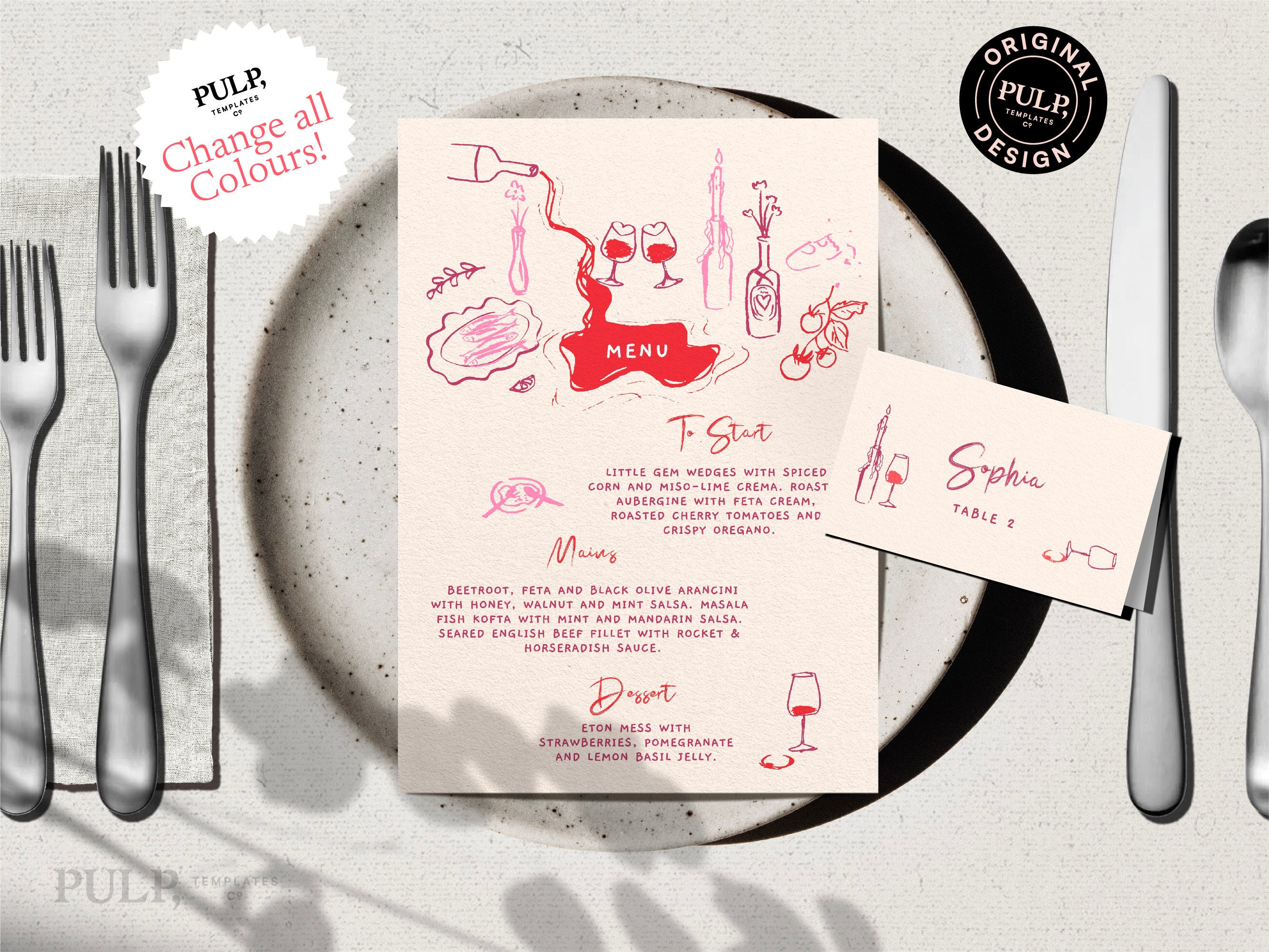 MENU + PLACE CARD Template | | Fun Colorful | Hand Drawn & Handwritten ...