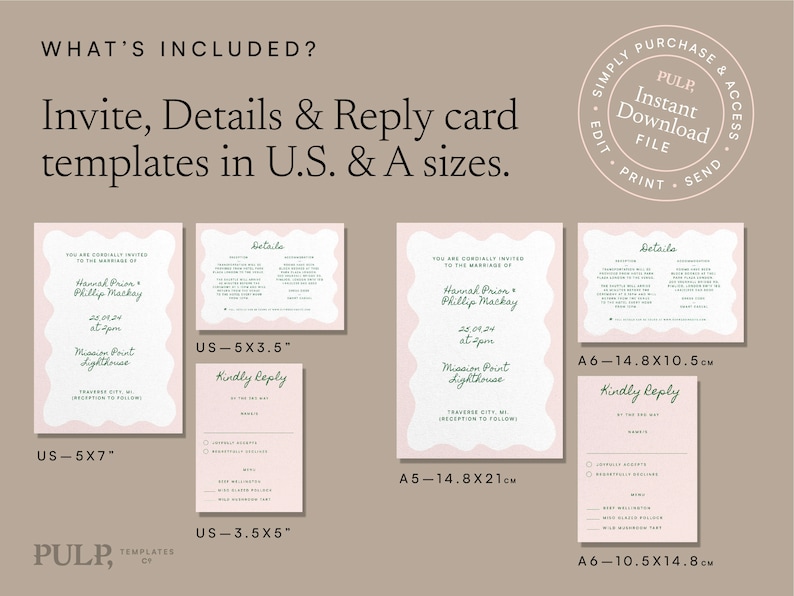 WEDDING INVITE SET | Scallop Wavy Edge Wedding Invite | Editable ...