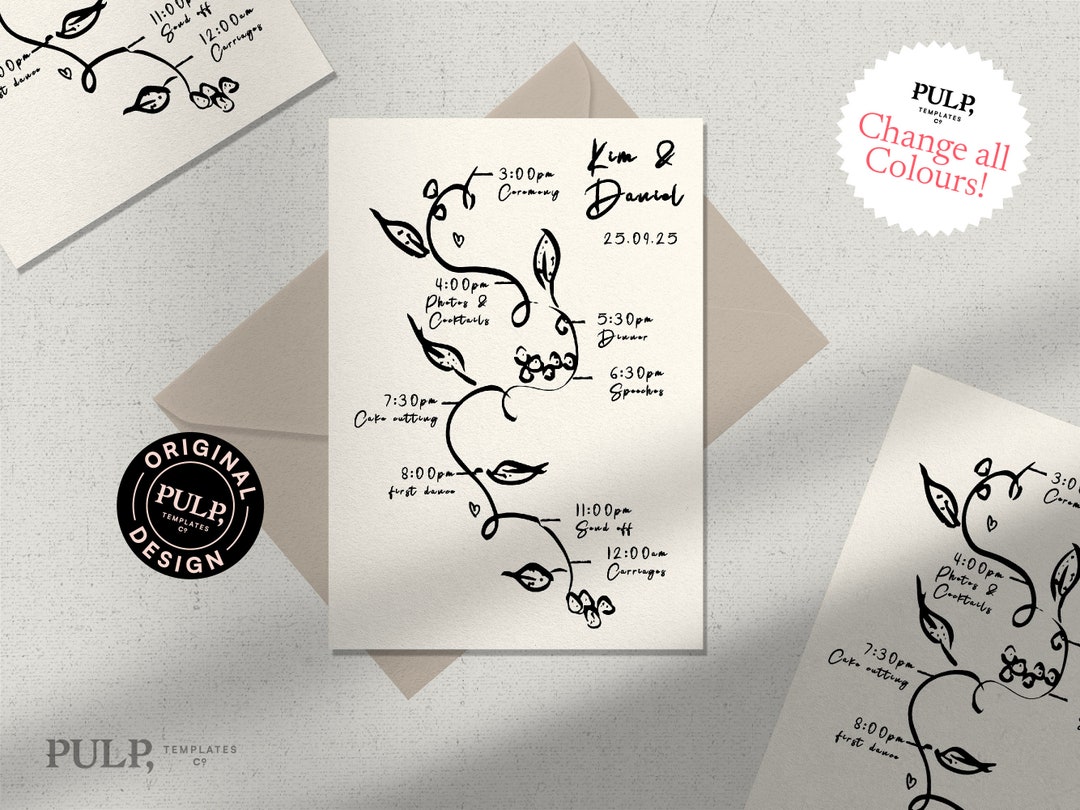 Small WEDDING TIMELINE CARD Template | Order of Events | Day Details ...