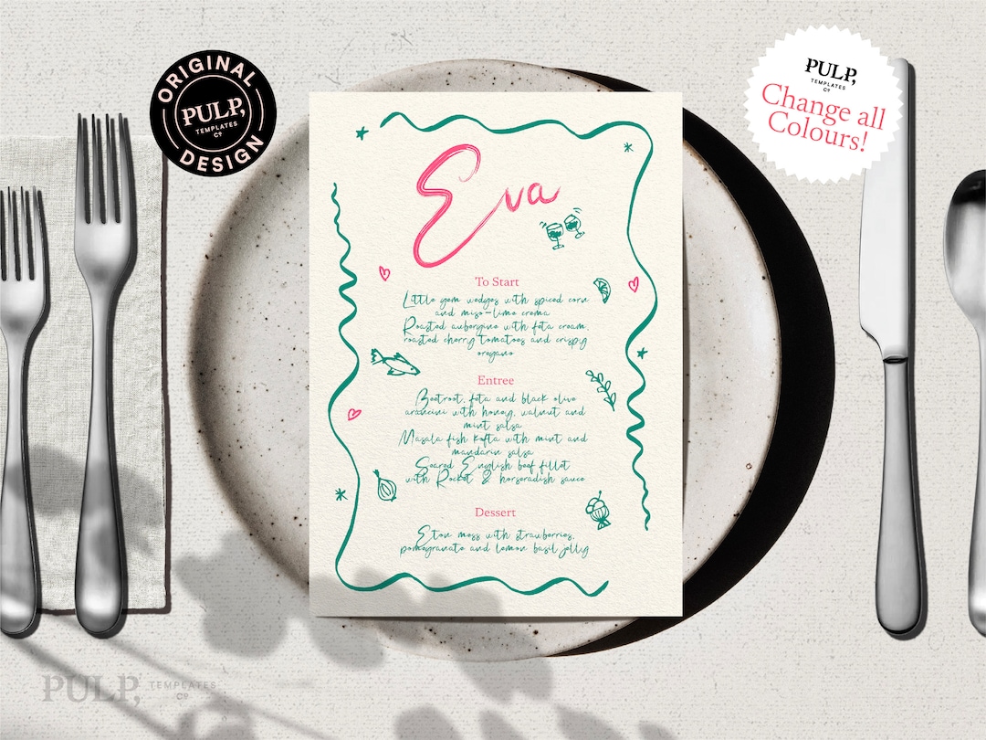 PERSONALIZED MENU Template | Hand Drawn & Handwritten Whimsical Dinner ...