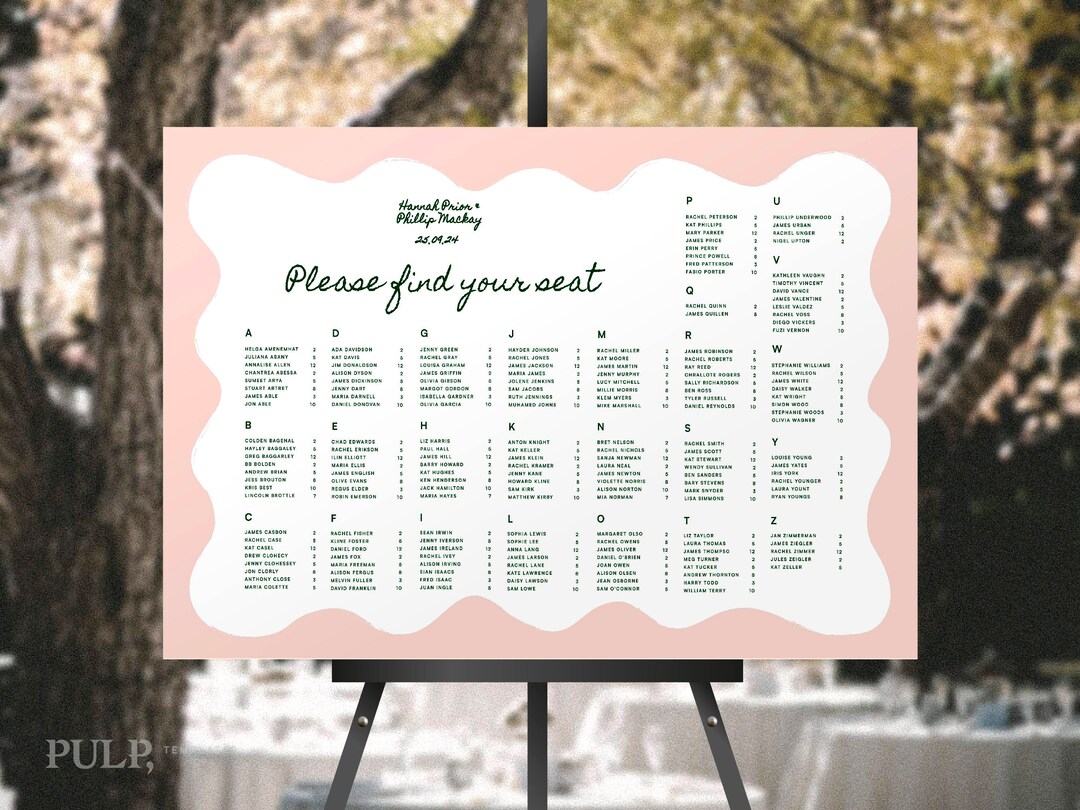 SEATING CHART TEMPLATE (alphabetical) | Wedding Reception Seating Chart ...