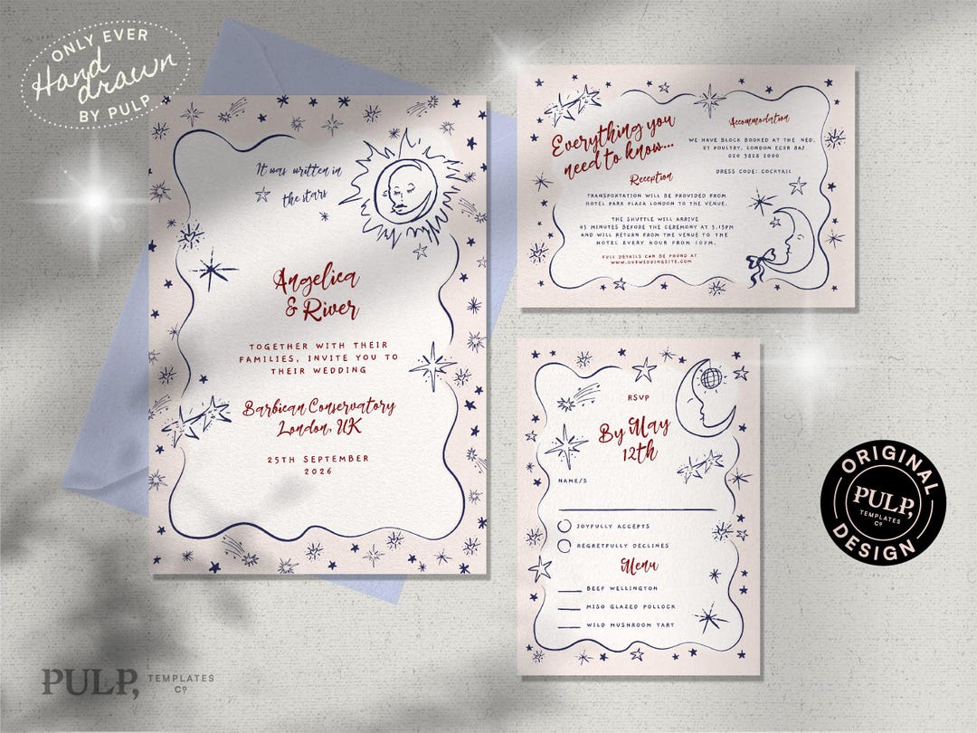 WEDDING INVITATION SET Template | Hand Drawn Astral Celestial Theme ...