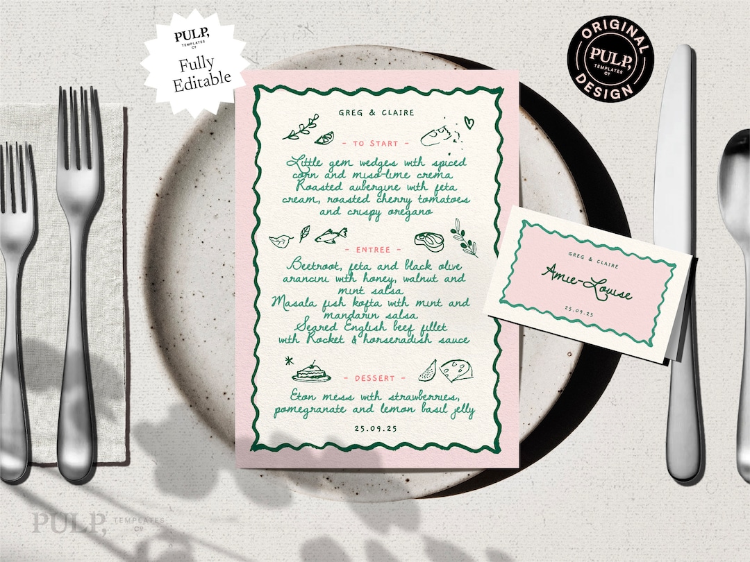 MENU + PLACE CARD Template | Hand Drawn & Handwritten Scribble ...
