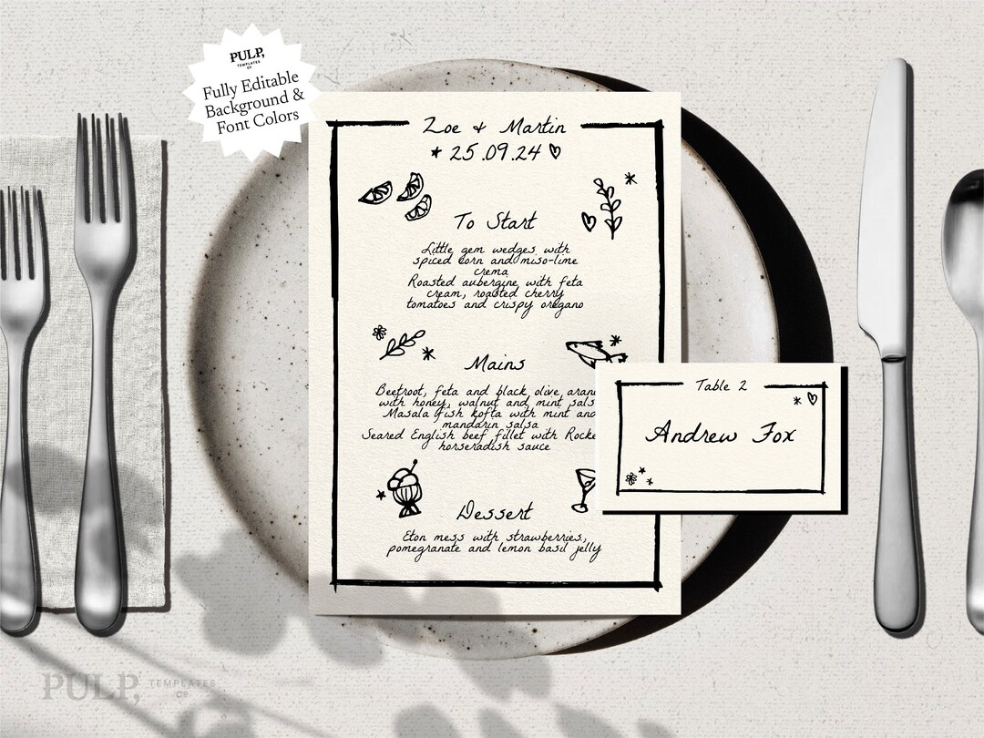 MENU + PLACE CARD Template | Hand Drawn, Handwritten Scribble ...