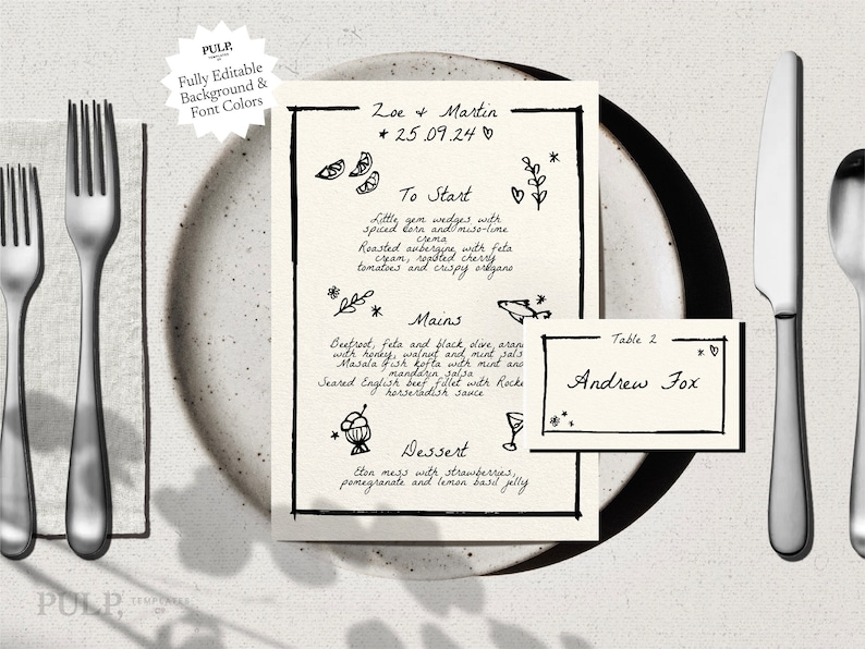 MENU PLACE CARD Template Hand Drawn Handwritten Scribble - Etsy