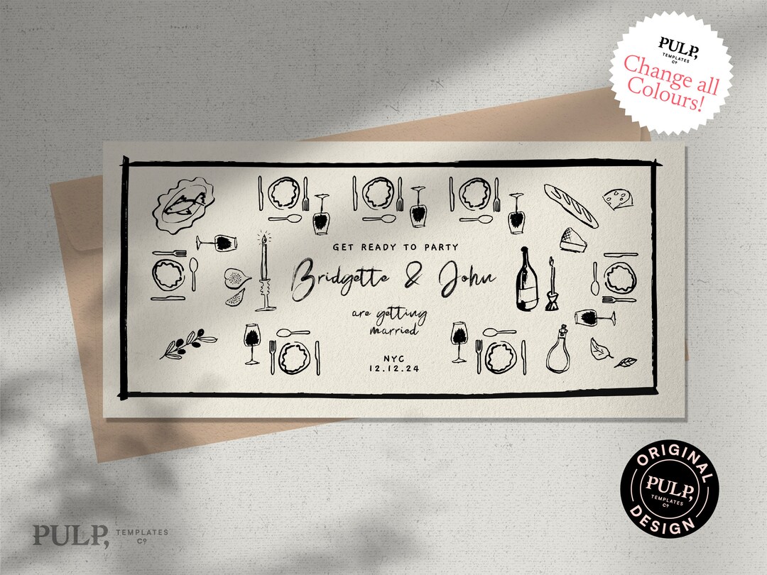 SAVE THE DATE Template | Dinner Party Food Sketch | Illustrated Still ...
