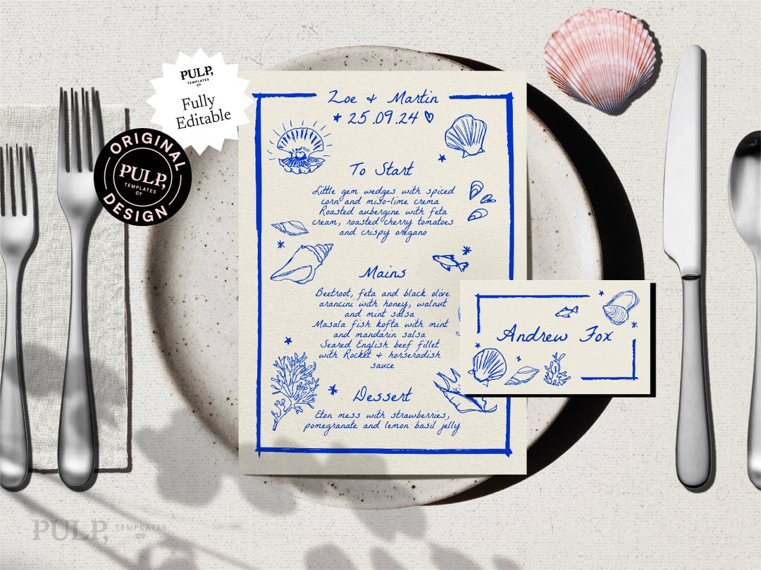 MENU + PLACE CARDS Template | Beach Wedding | Handwritten & Hand Drawn ...