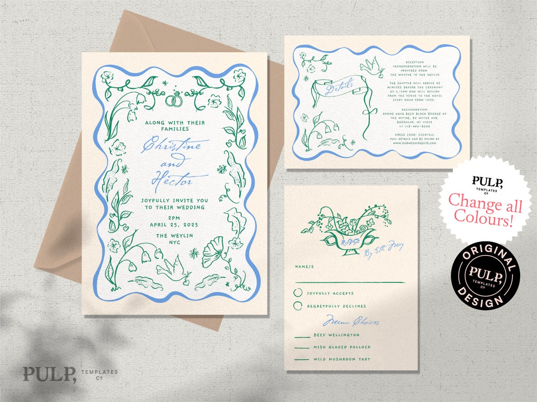 WEDDING INVITATION SET Template | Hand Drawn Floral Doodle ...