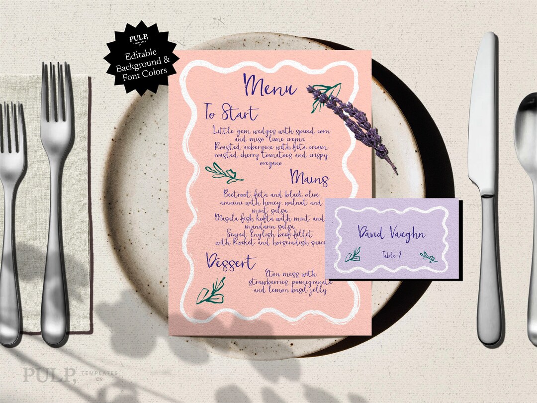 MENU + PLACE CARD Template | Scallop Wavy Edge, Handwritten and Hand ...