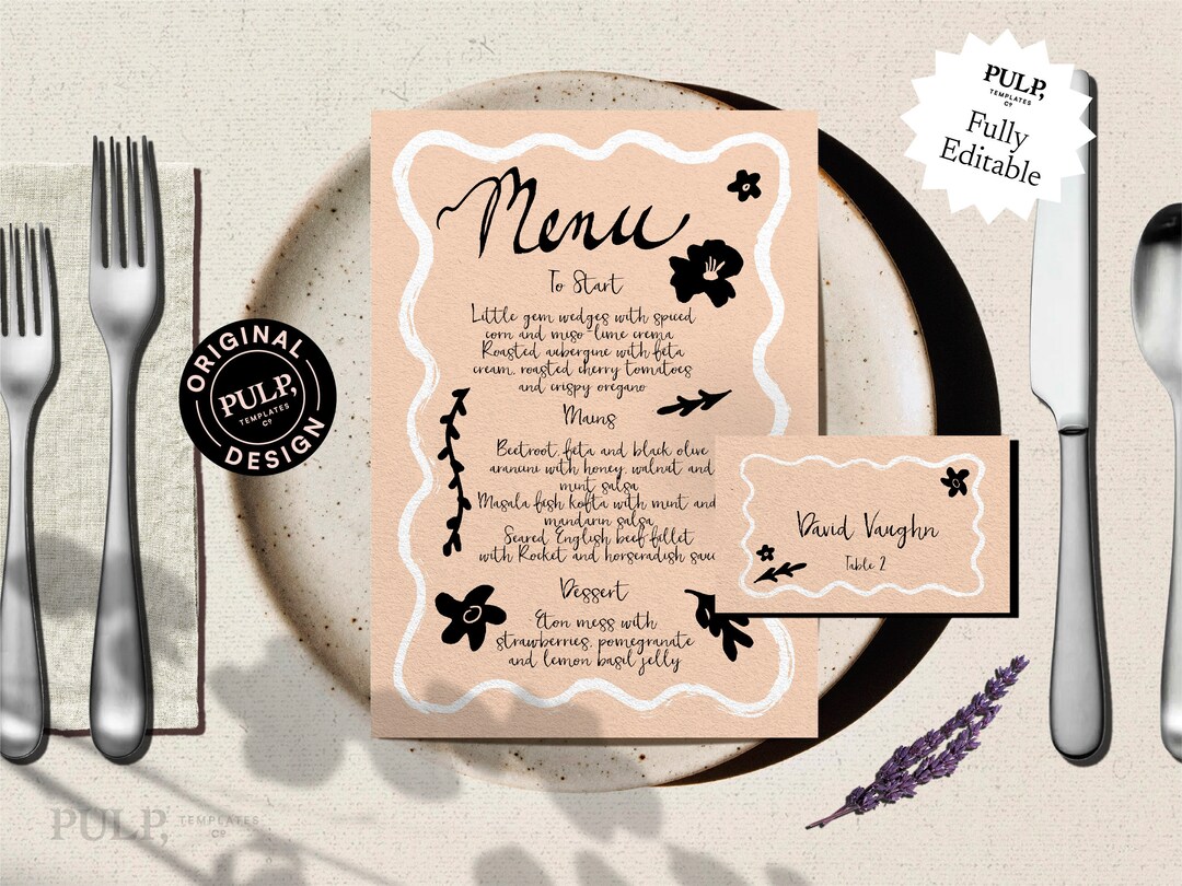 MENU + PLACE CARD Template | Scallop Wavy Edge, Handwritten and Hand ...
