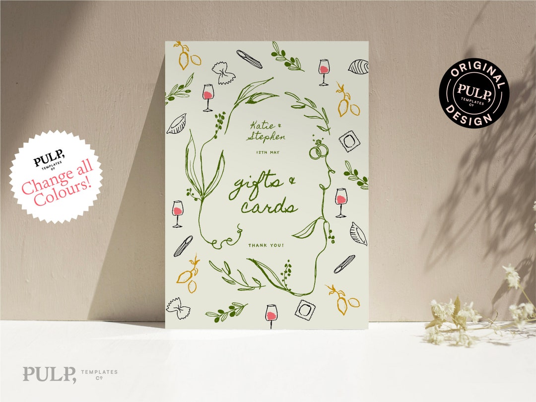 GIFT TABLE SIGN | Colorful Italian Funky Hand Drawn Illustration W ...