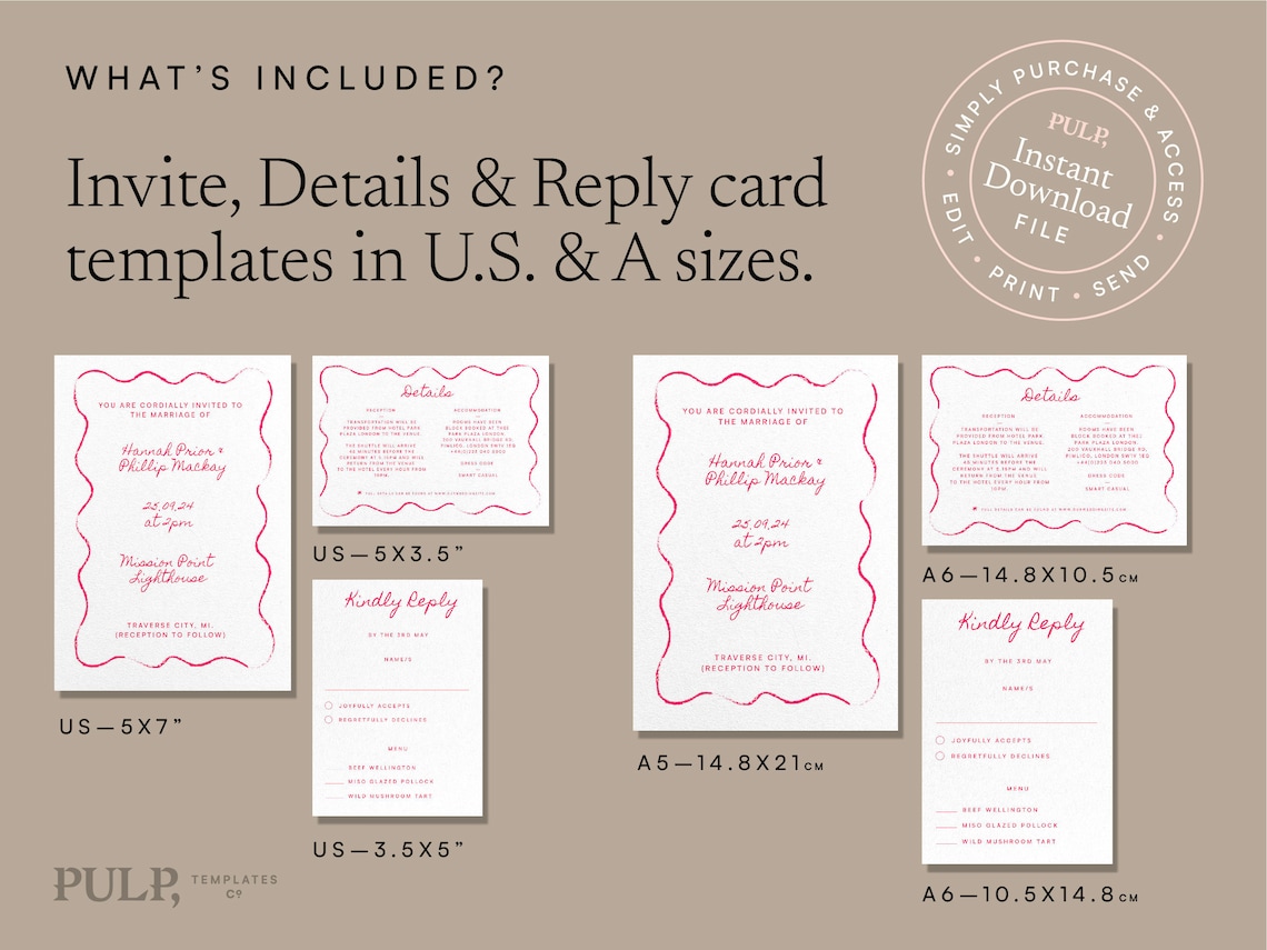 WEDDING INVITE SET Scallop Wavy Edge Suite Handwritten - Etsy