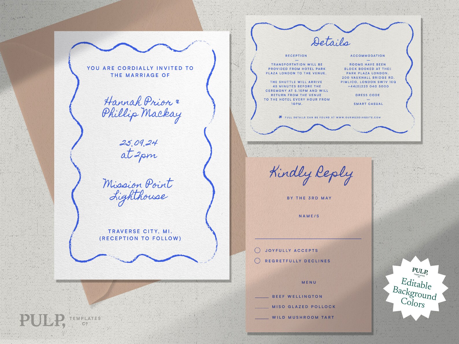 WEDDING INVITE SET Scallop Wavy Edge Suite Handwritten - Etsy