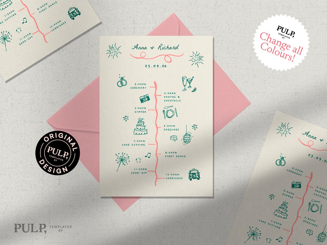 WEDDING TIMELINE CARD Template | Order of Events | Day Details | Funky ...