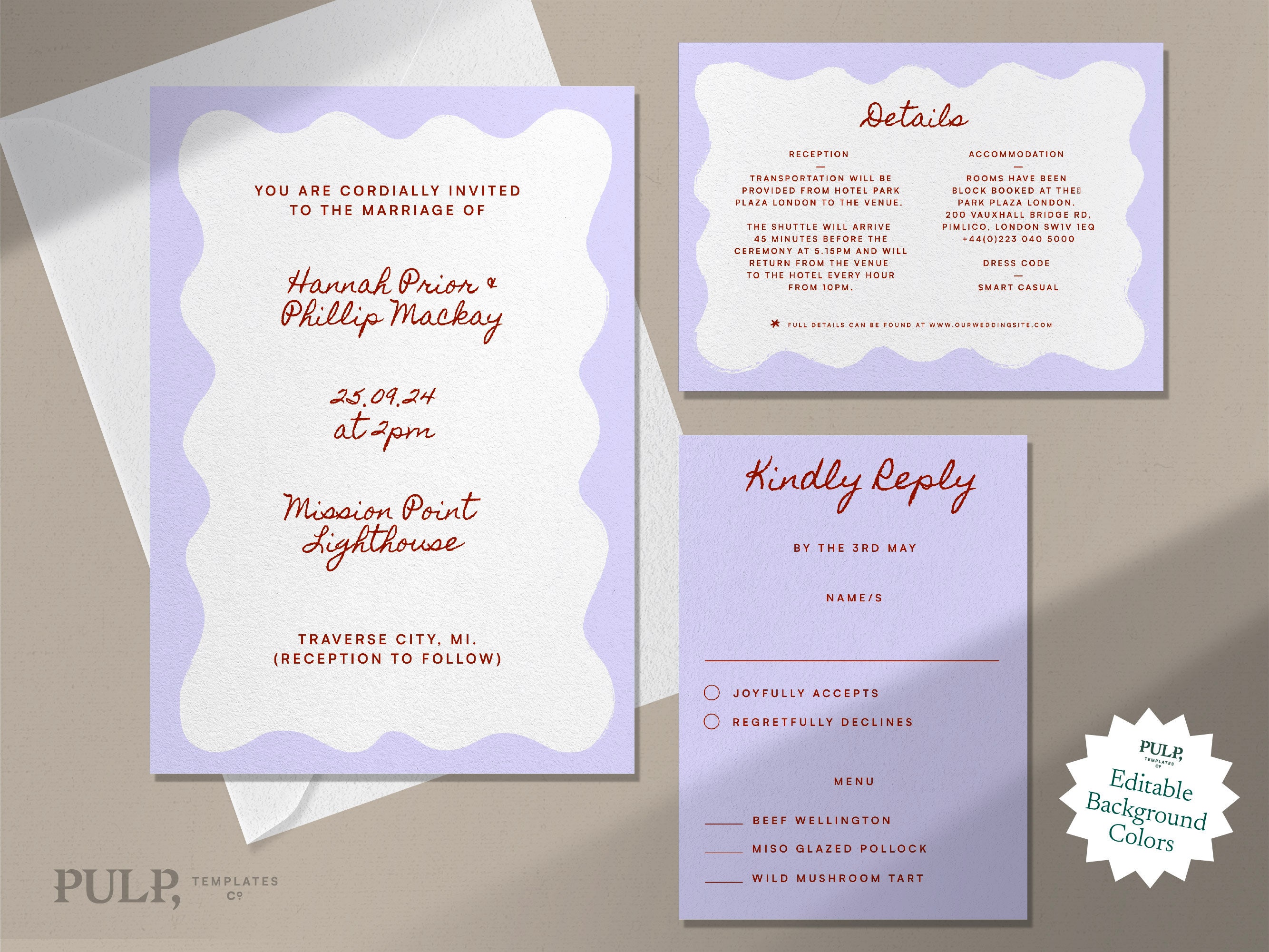 WEDDING INVITE SET | Scallop Wavy Edge Wedding Invite | Editable ...