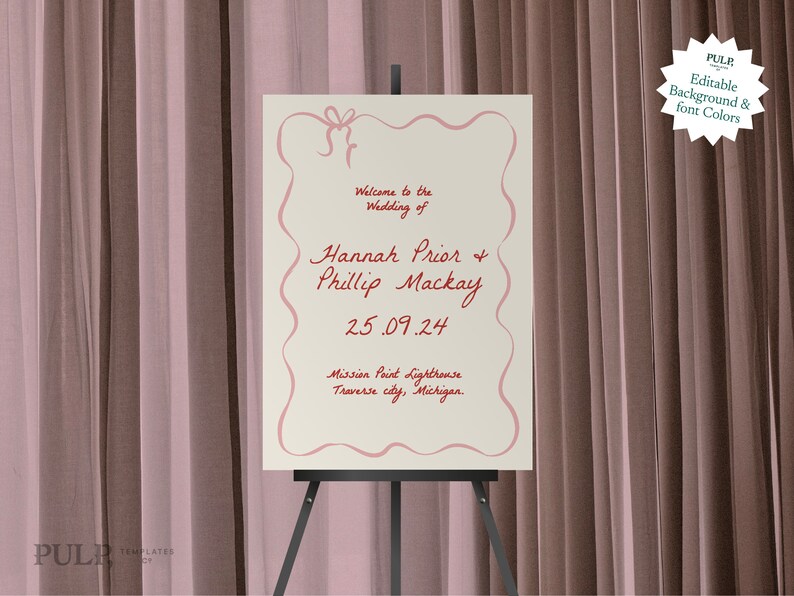 WELCOME SIGN TEMPLATE | Handwritten Pink Wavy Edge Scallop Wedding ...