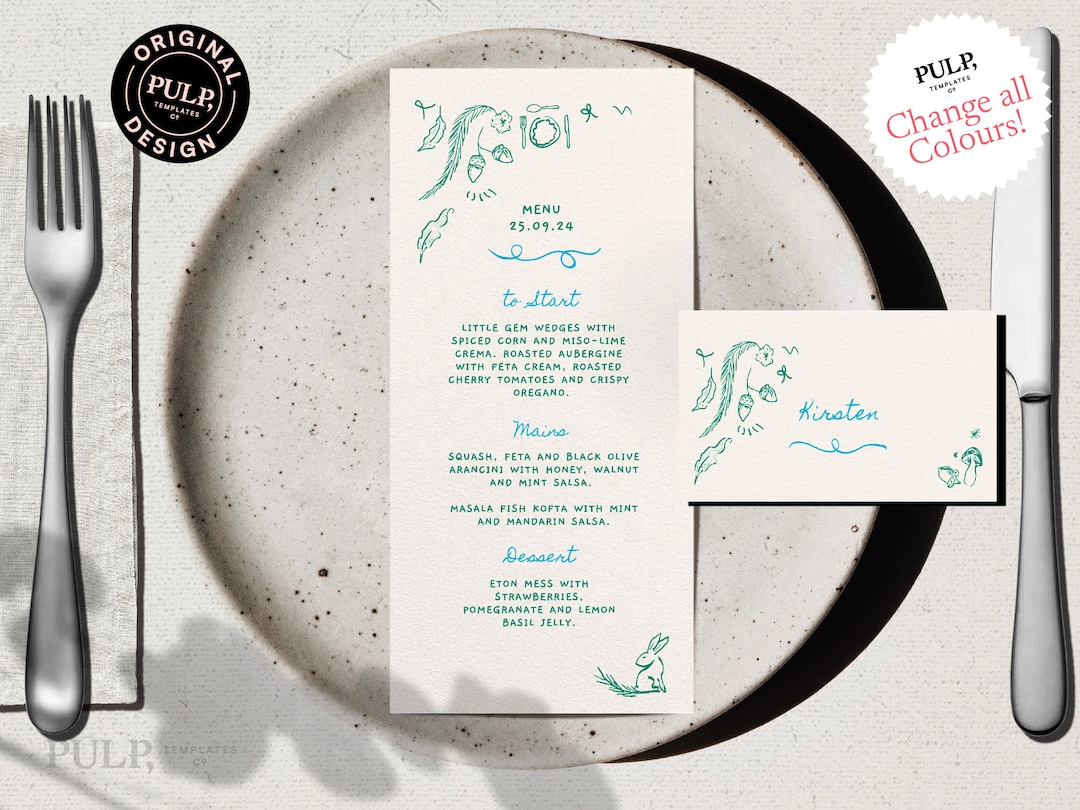 MENU + PLACE CARD Template | Hand Drawn & Handwritten Scribble ...