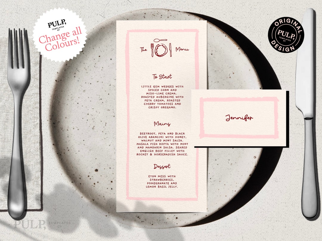 MENU + PLACE CARD Template | Hand Drawn & Handwritten Scribble ...