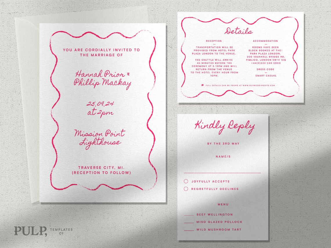 WEDDING INVITE SET Scallop Wavy Edge Suite Handwritten - Etsy