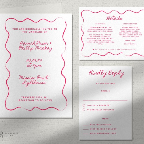 WEDDING INVITE SET Scallop Wavy Edge Suite Handwritten - Etsy