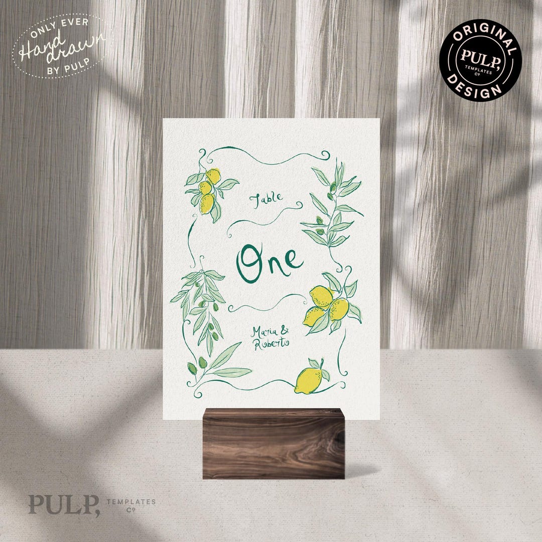 Italian Lemon Wedding Table Numbers Template: Handwritten Reception ...