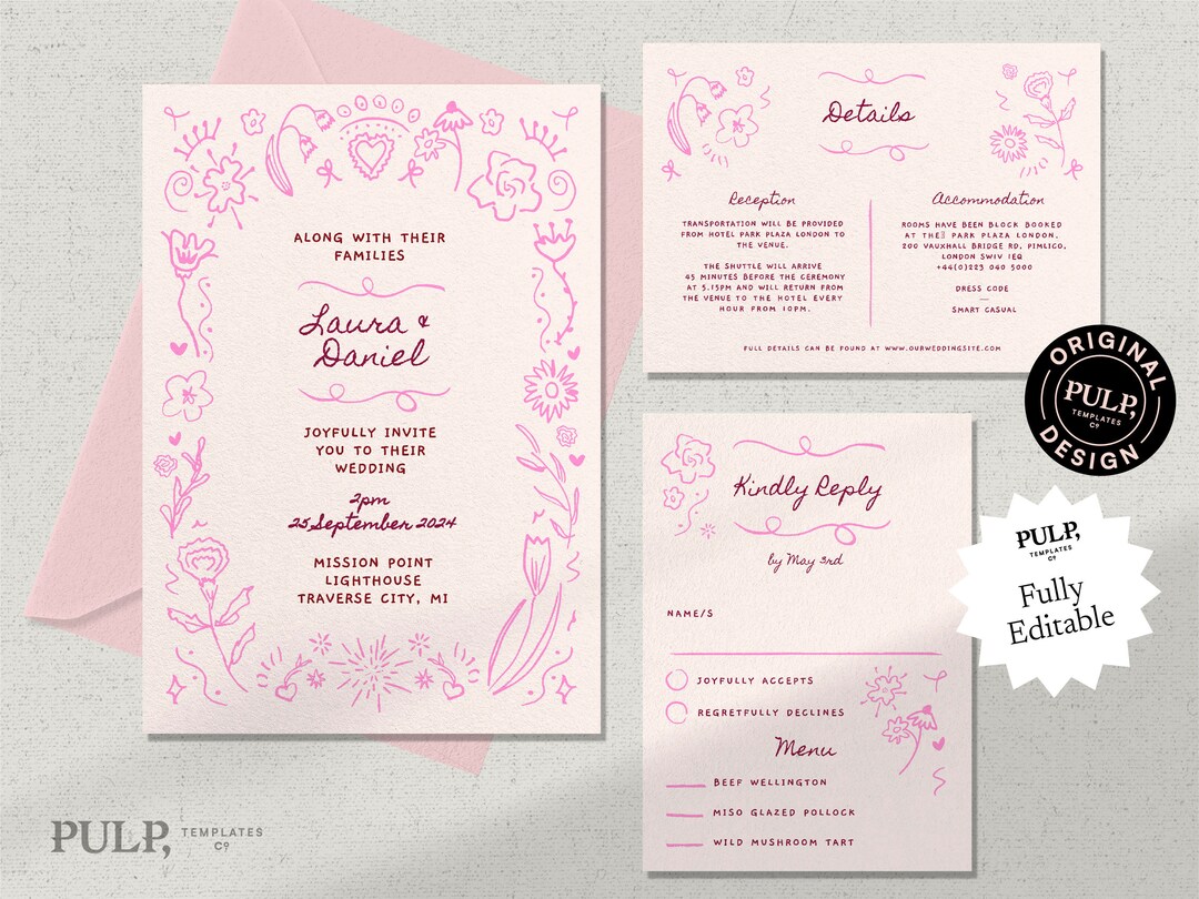 WEDDING INVITATION SET Template | Colorful, Whimsical, Funky, Scribbled ...