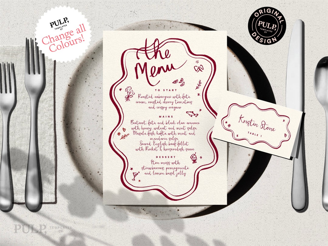MENU + PLACE CARD Template | Hand Drawn & Handwritten Scribble ...