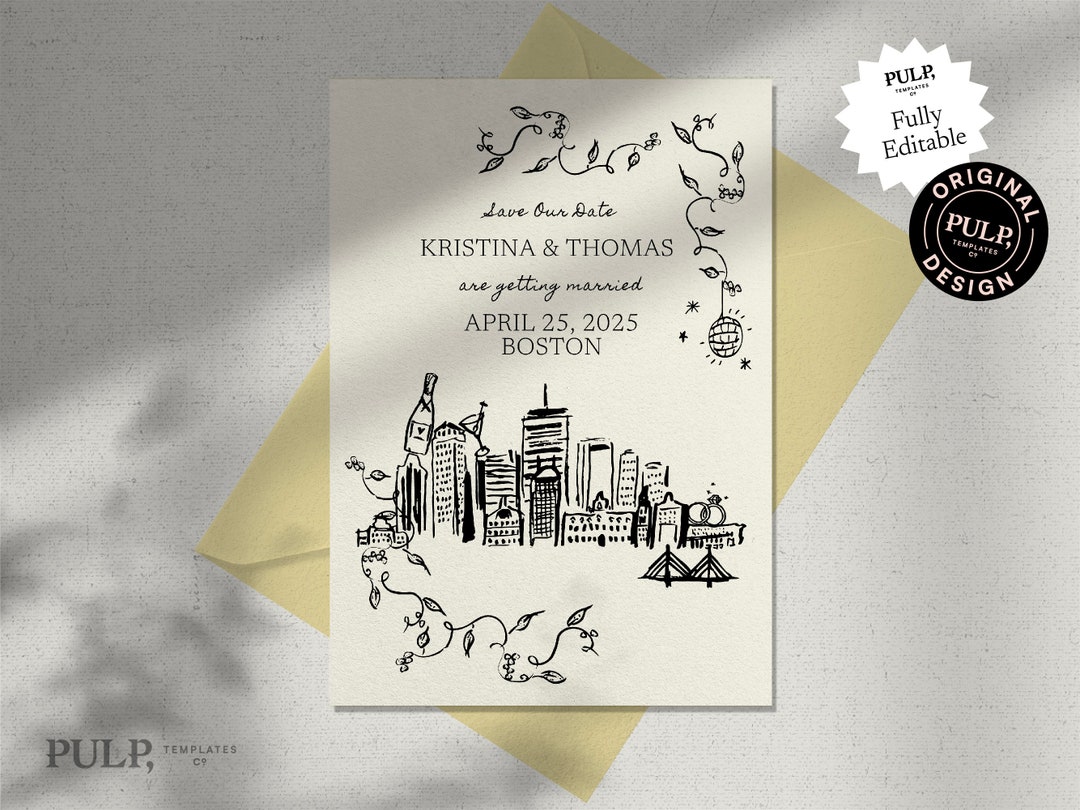 SAVE THE DATE Template | Boston Skyline Invite | Bachelorette, Hen ...