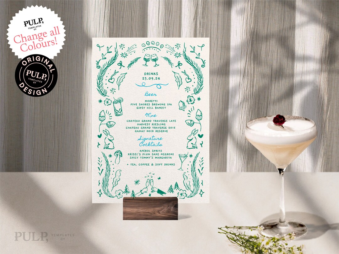 BAR + DRINKS MENU Template | Woodland Forest Inspired Hand Drawn ...