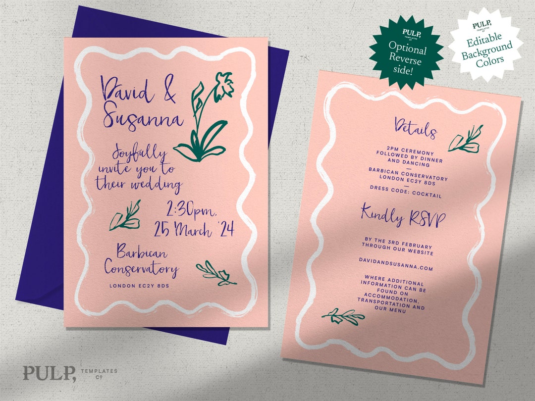WEDDING INVITATION | Hand Drawn & Handwritten Double Sided Invite W ...