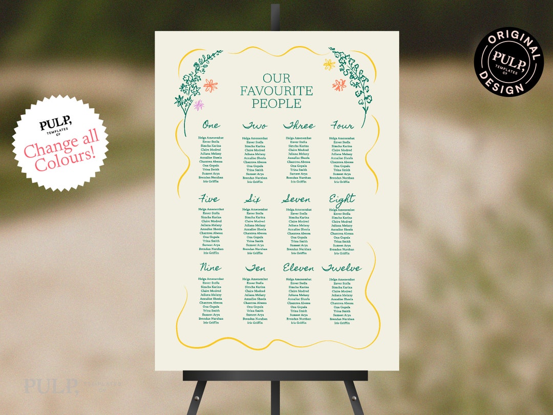 SEATING CHART TEMPLATE | Colorful, Whimsical Wavy Edge With Hand Drawn ...