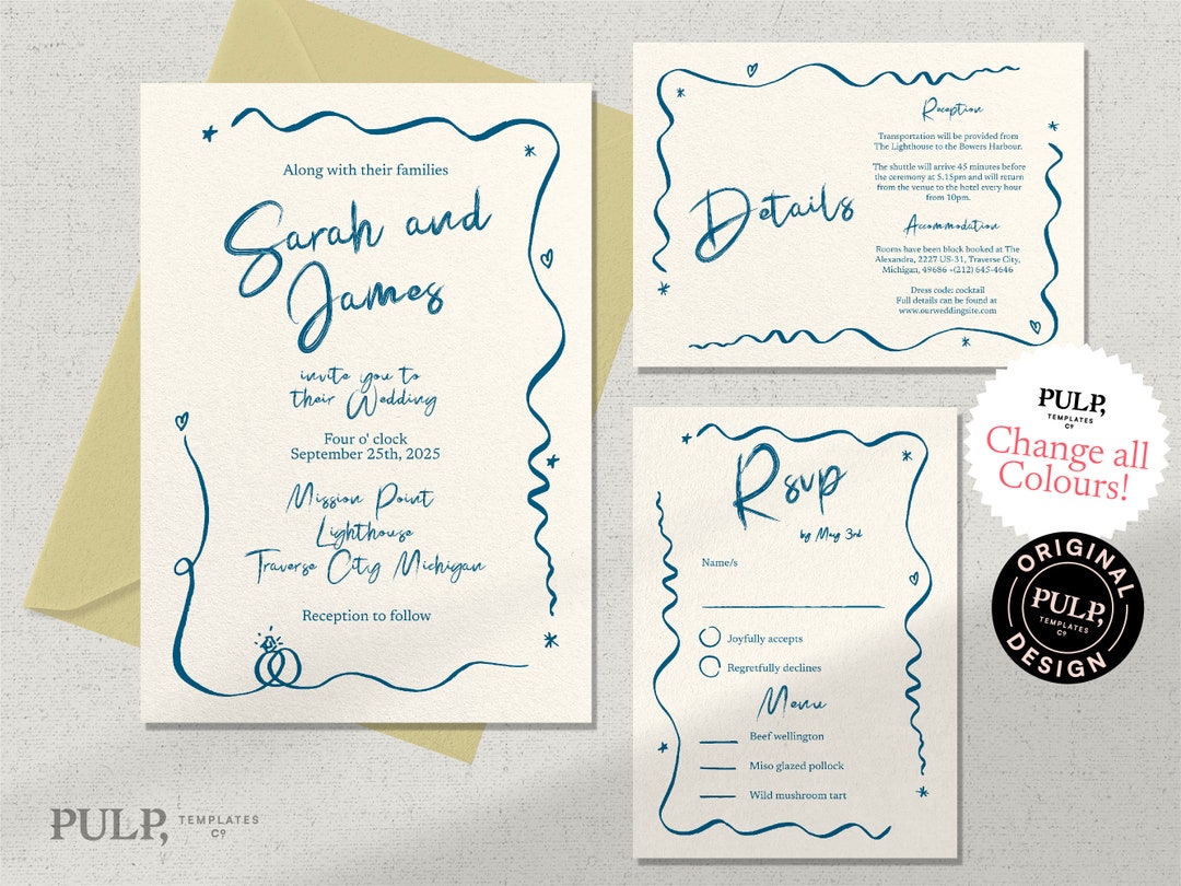 WEDDING INVITATION SET Template | Hand Drawn Wavy Border Scribble ...