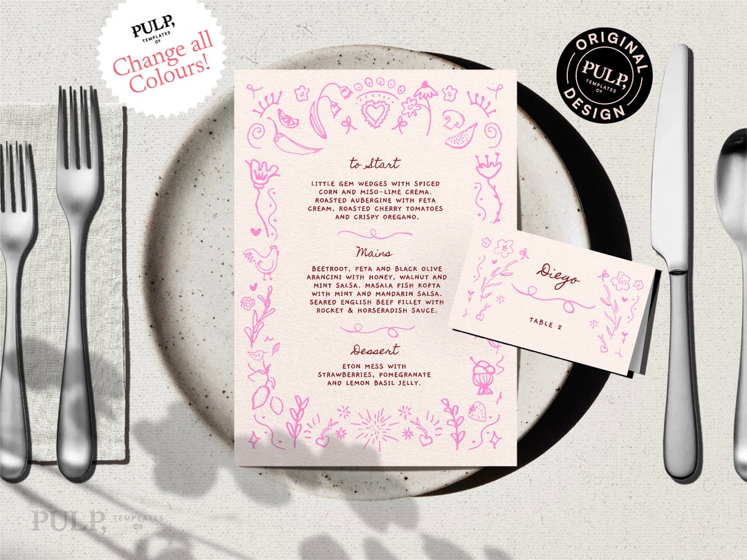 MENU + PLACE CARD Template | Hand Drawn & Handwritten Illustrated ...