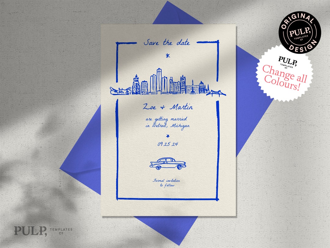 SAVE the DATE Template | Detroit Wedding Invite | Hand Drawn ...
