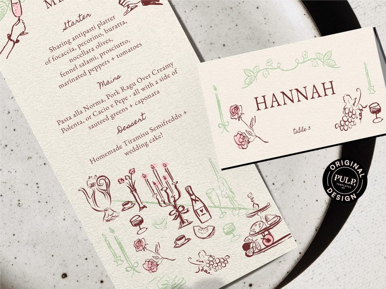 MENU + PLACE CARD Template | Hand Drawn & Handwritten Doodle ...