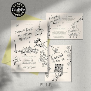 WEDDING INVITATION SET Template | Hand Drawn Doodle Party Illustrations ...