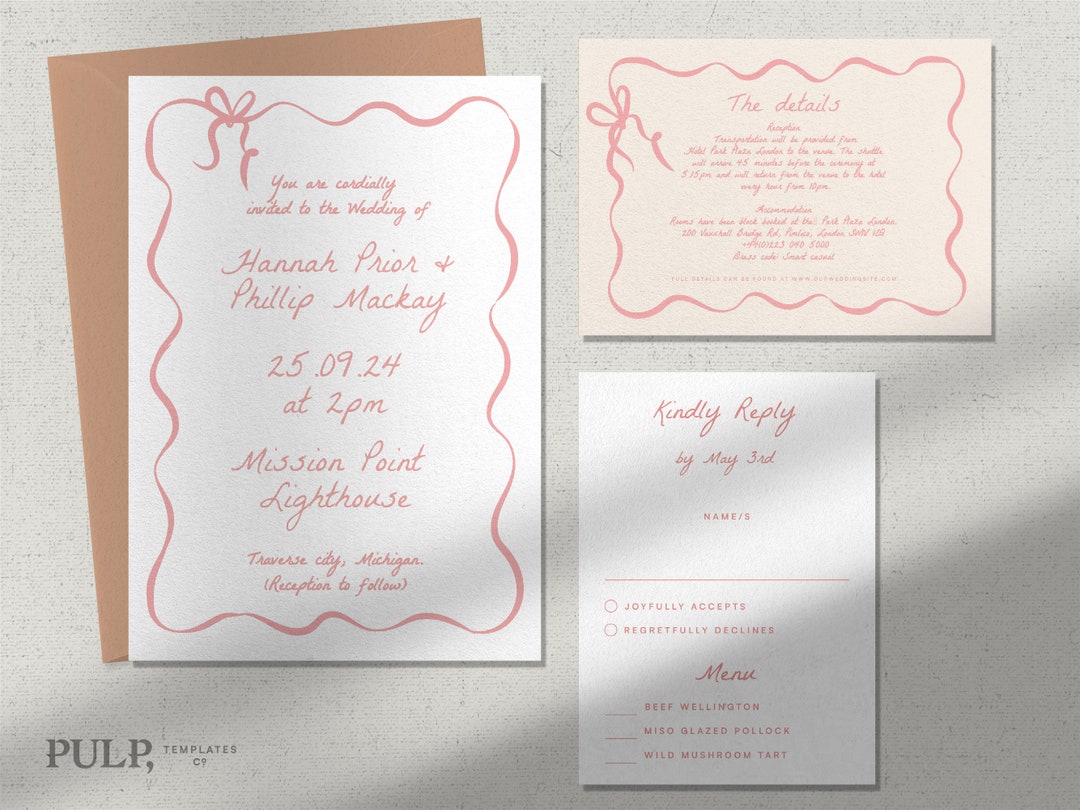 WEDDING INVITE SET | Retro 50s Scallop Wavy Edge Wedding Invite Suite With Ribbon Bow | Pink ...