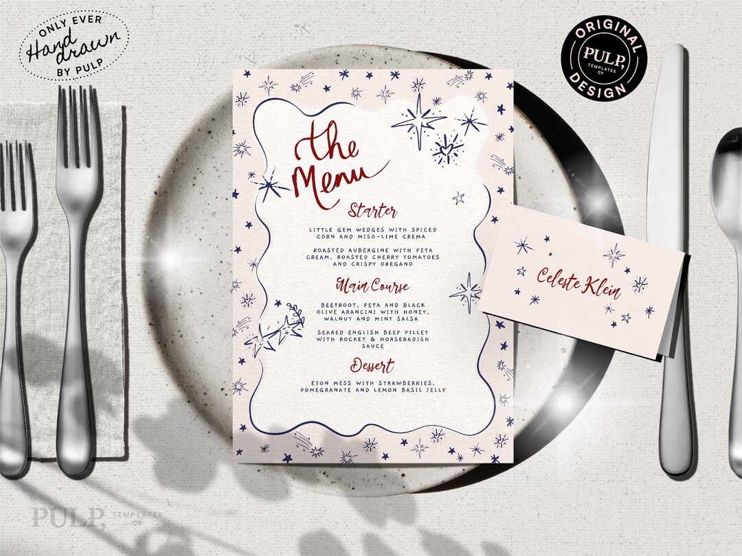 Celestial MENU + PLACE CARD Template | Hand Drawn & Handwritten Doodle ...