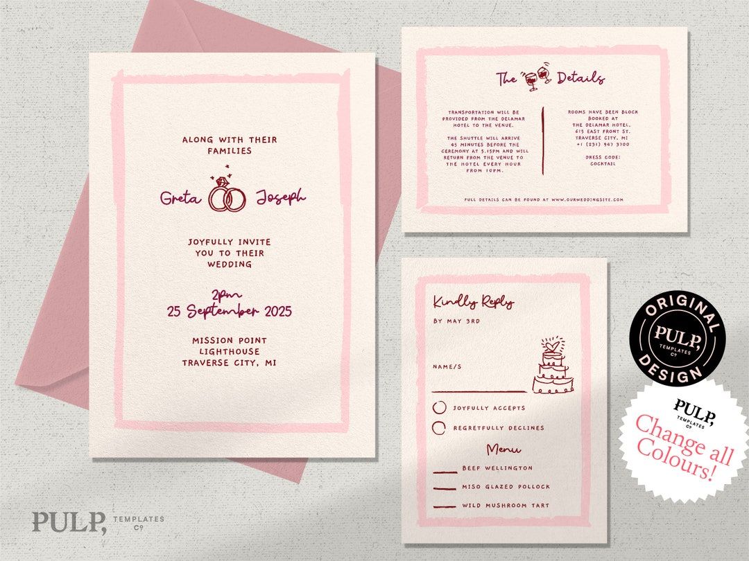 WEDDING INVITATION SET Template | Hand Drawn Scribble Illustrations ...