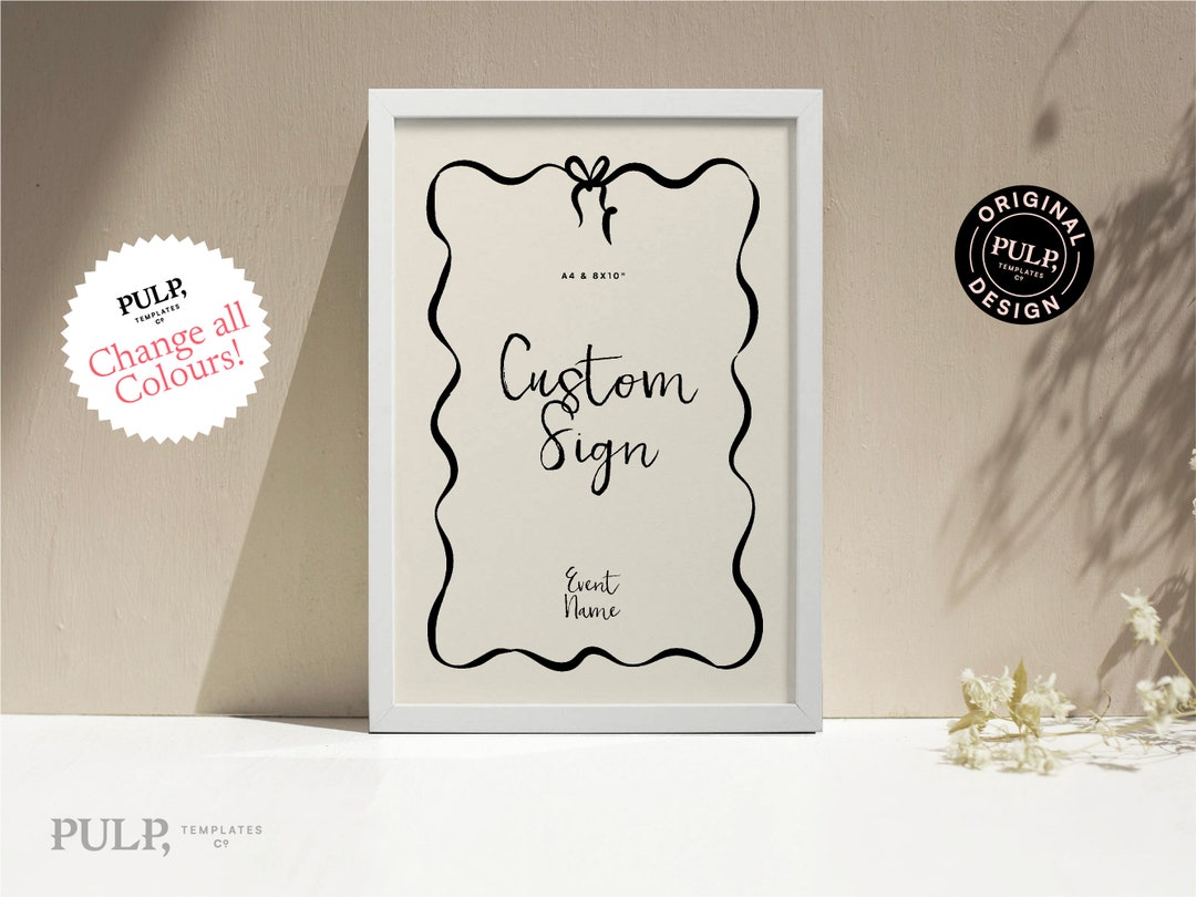 CUSTOM SIGN TEMPLATE | Wavy Edge Ribbon With Bow | Handwritten Font ...