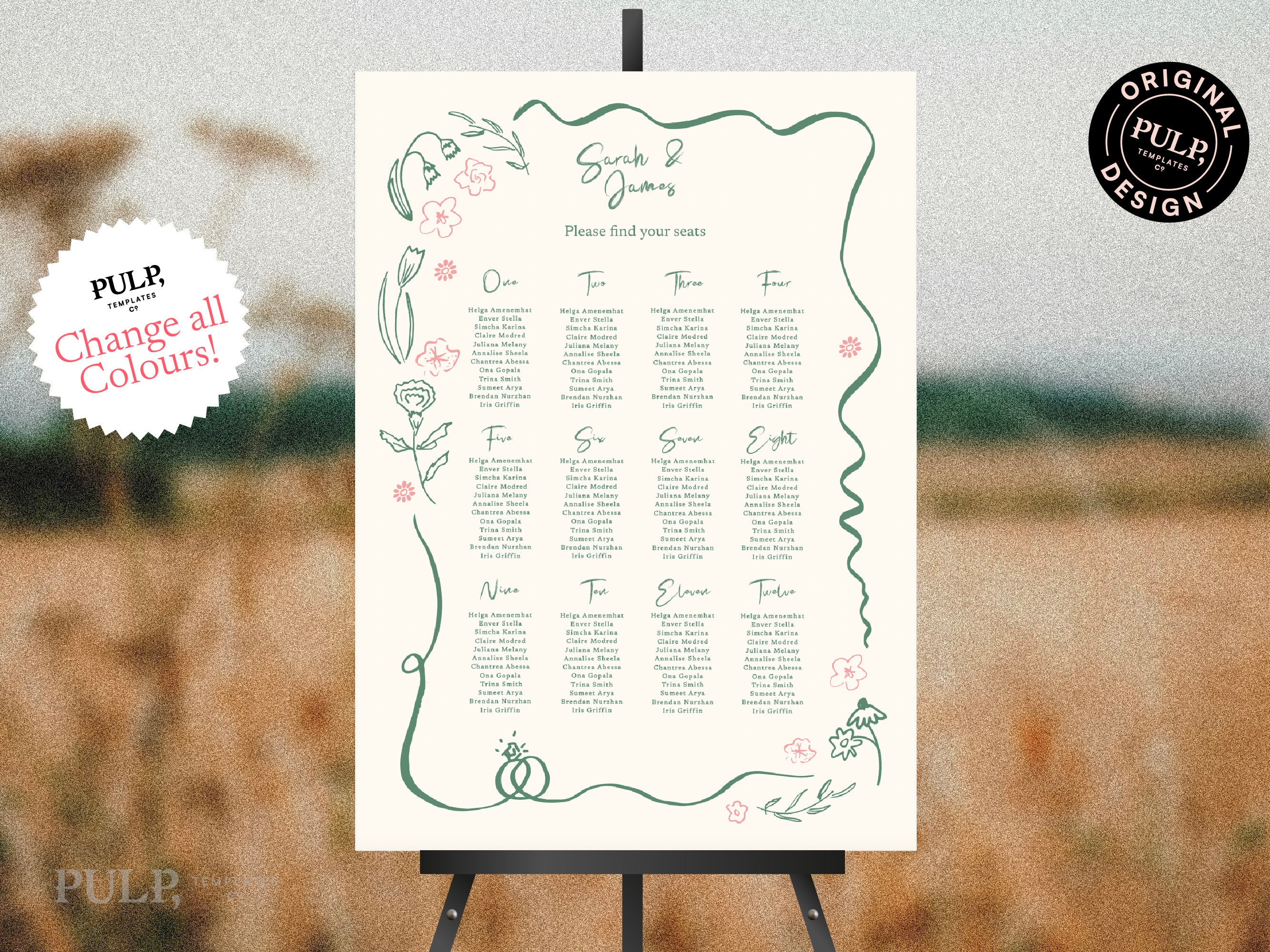 SEATING CHART TEMPLATE | Colorful, Whimsical Wavy Edge With Hand Drawn ...
