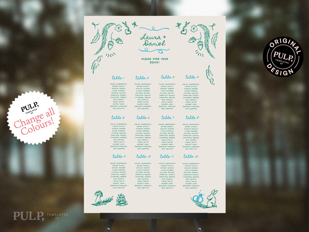 SEATING CHART TEMPLATE | Woodland Forest Inspired Colorful, Whimsical ...