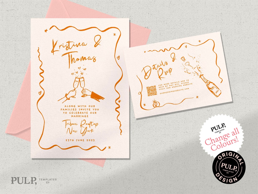 WEDDING INVITATION Template | Cheers | Hand Drawn Scribble Illustrations + Handwritten | Funky ...