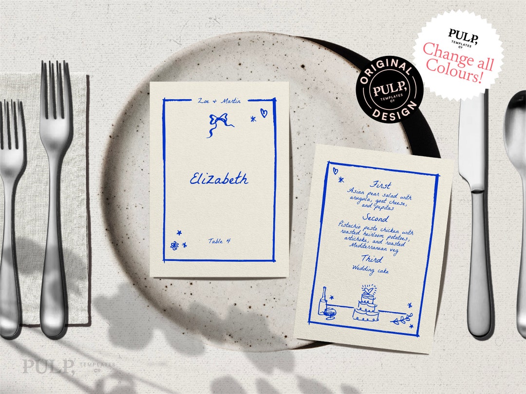 Small MENU NAME CARD Double Sided Template | Whimsical Wedding | Funky ...